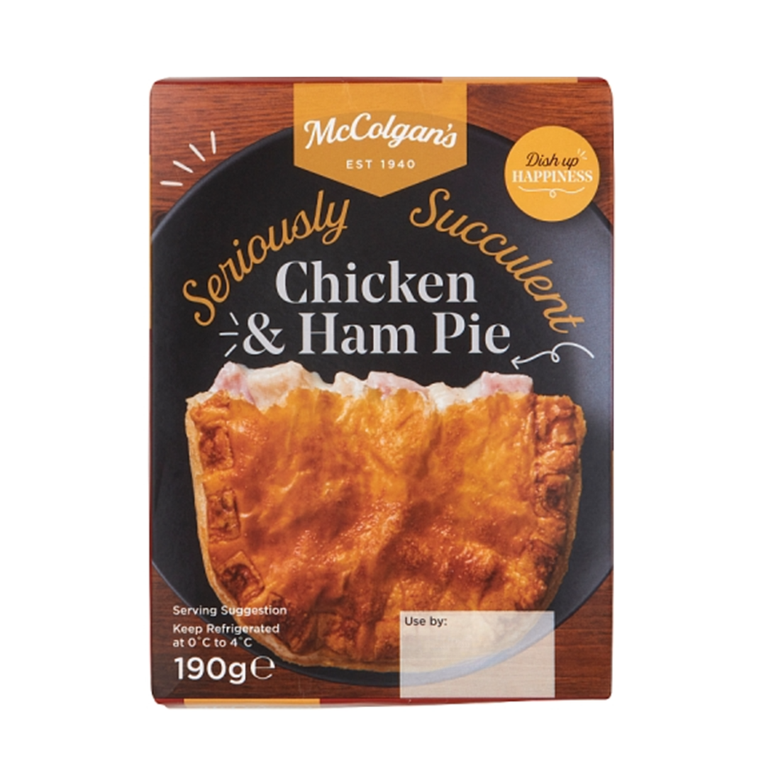 McColgans Chicken Ham Pie 190g X 6 Per Box Bacon By The Box mccolgans-chicken-ham-pie-190g-x-6-per-box-bacon-by-the-box